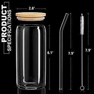Beer Can Glass,6pack Drinking Cups With Straws and Lids, Can Shaped Glass Cups 16 oz, Cute Iced Coffee Cup Tumblers, Cold Drink Glassware, Unique Water, Tea, Cocktail Glass Set, Great Gift
