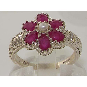 LetsBuyGold 925 Sterling Silver Cultured Pearl and Ruby Womens Anniversary Ring - Size 10.5