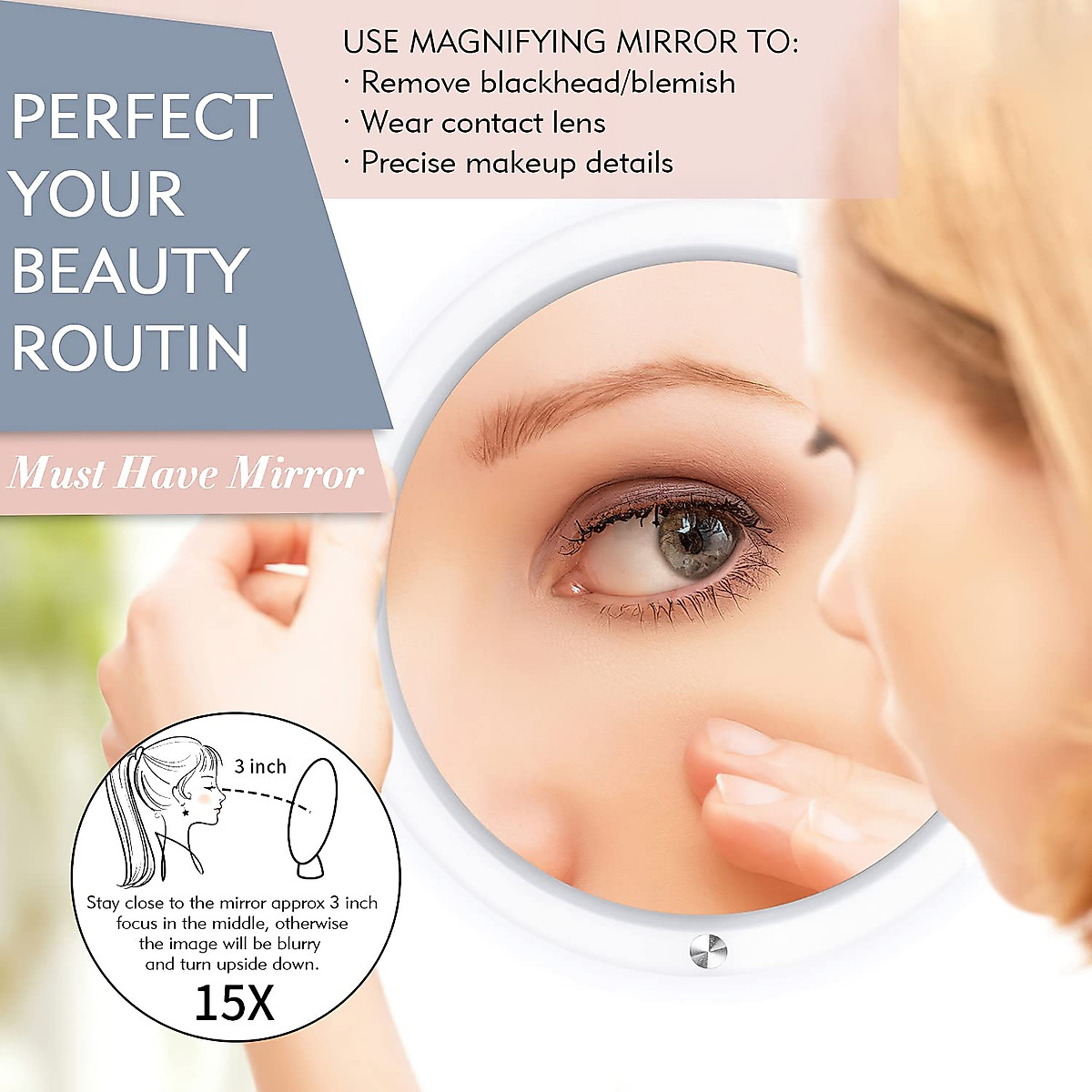 15x Magnifying Mirror with Light & Tweezers - Lighted Makeup Mirror with Strong Magnification for Precise Makeup, Plucking, Lighted Magnified Mirror w/Suction Cup for Bathroom, Dual Power , 8"