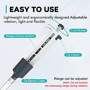 LAB FISH Laboratory Micropipette 2-10ml Capacity High Accurate Single Channel Pipettor Manual Adjustable Volume Pipettes Increment 0.1ml with 20pcs 10ml Pipette Tips Set