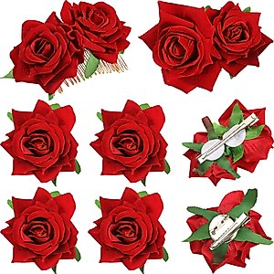 6 Pcs Rose Hair Clip Flower Hairpin Rose Hair Clip Comb Flower Hairpin Rose Brooch Floral Clips Mexican Rose Hair Accessories for Women Wedding Party Mother's Day(Red)