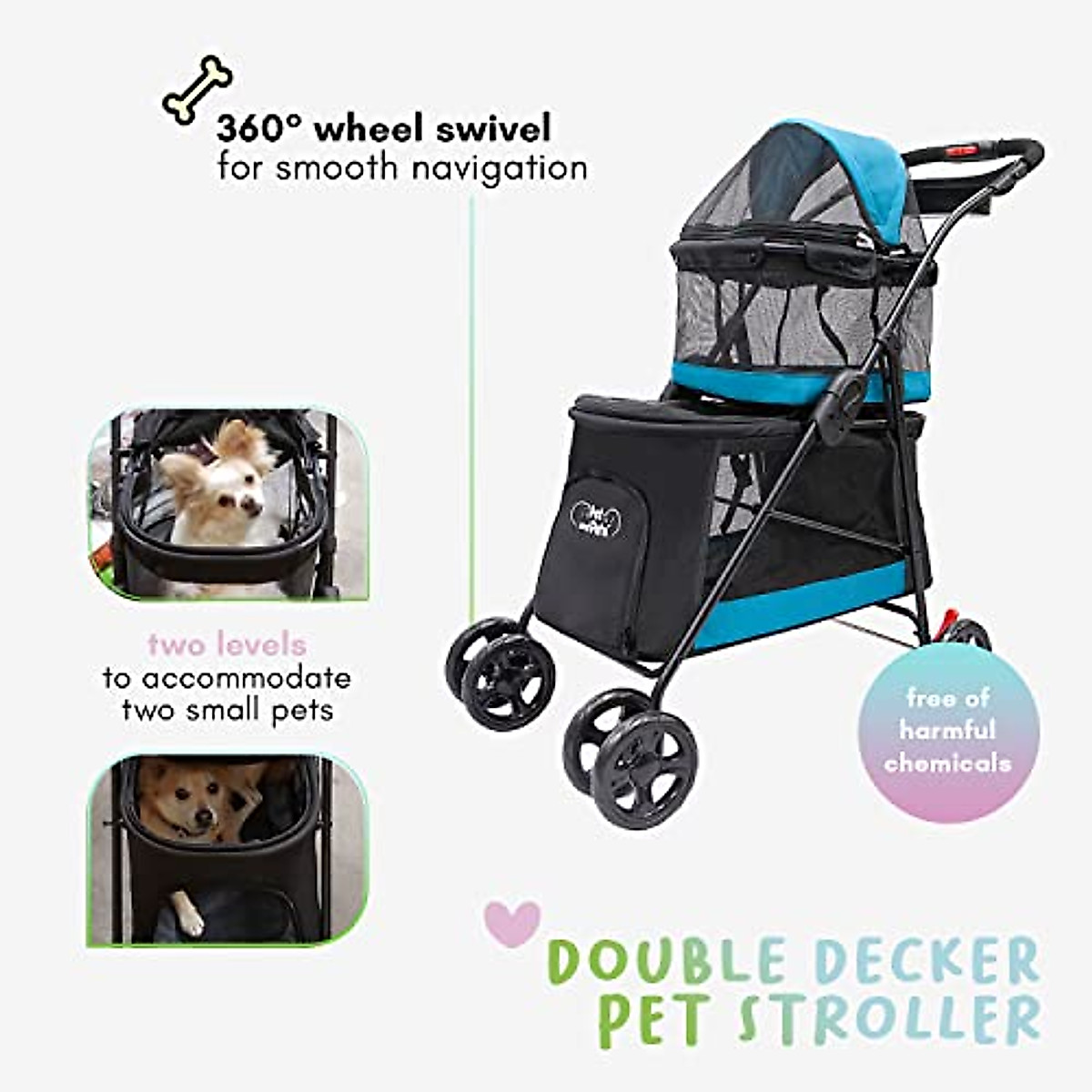 PETIQUE Double Decker Pet Stroller, Two-Level Cat and Dog Stroller, Lightweight Yet Sturdy Cat and Dog Carriage, Washable, Travel-Friendly and Easy to Fold, Sleek Black Design