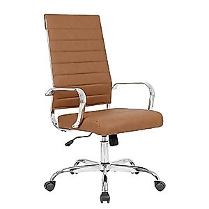 LANDSUN Home Office Chair High Back Executive Chair Ribbed Leather Computer Desk Chair with Armrests Soft Padded Adjustable Height Swivel Modern Conference Chrome Brown