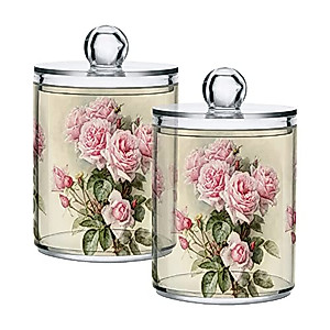 Plastic Jars with Lids,Vintage Shabby Chic Pink Rose Floral Bulk Pack Storage Containers Wide Mouth Airtight Canister Jar for Kitchen Bathroom Farmhouse Makeup Countertop Household,Set 2