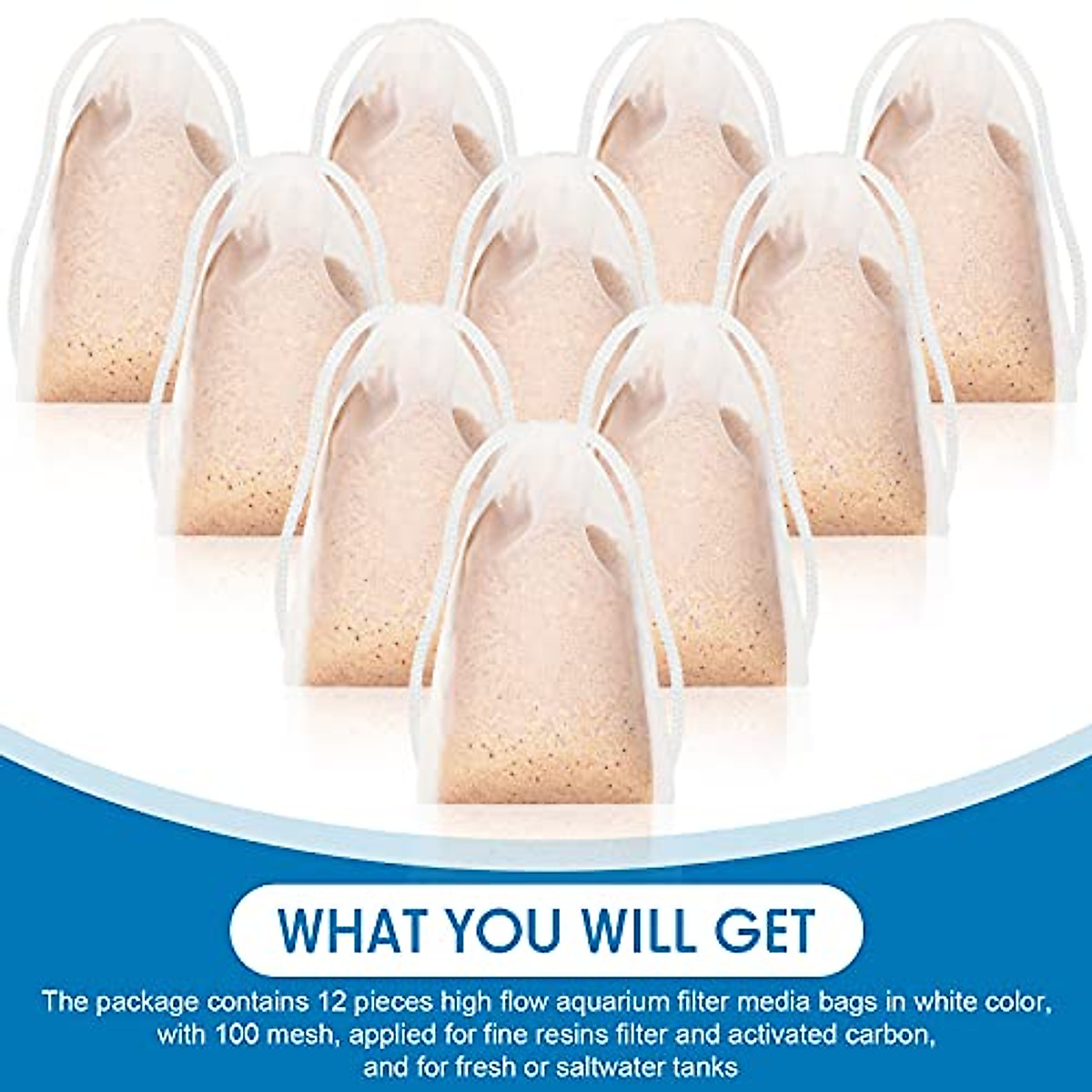 Shappy 12 Pieces Small Aquarium Filter Bags 150 Micra Fine Filter Media Bags High Flow Nylon Mesh Bags with Drawstring for Fish Tank Fine Resins Filter Activated Carbon Fresh or Saltwater