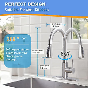 HOTIS Kitchen Faucet with Pull Down Spray, High Arc Commercial Brushed Nickel Kitchen Sink Faucets, Small RV Stainless Steel Single Handle Pull Out Faucet for Kitchen Sink with Deck Plate