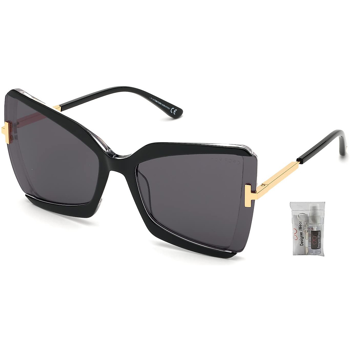 Tom Ford Gia FT0766 03A 63MM Black & Crystal W Endura Gold Temples/Grey Lenses Square Sunglasses for Women + BUNDLE With Designer iWear Eyewear Kit