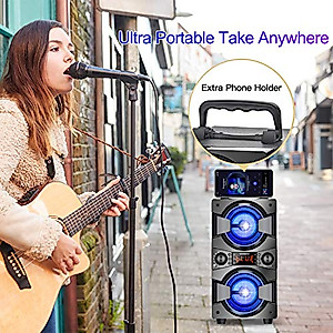 60W Bluetooth Speakers Portable Wireless Speaker with Double Subwoofer Heavy Bass, FM Radio, Microphone, Lights, Remote, EQ, Loud Stereo Sound System Speaker for Home Outdoor Party Camping (1MIC)