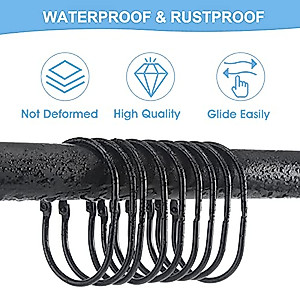 Goowin Shower Curtain Rings, 12 Pcs Shower Curtain Hooks, Oval Snap Shower Rings for Curtain, Metal Black Shower Curtain Rings Rust Proof, Glide Smoothly Shower Hooks for Shower Curtain Rod (Black)