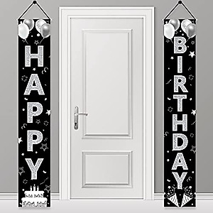 Black White Silver Birthday Door Banner Decorations for Men Women, Black Silver Happy Birthday Porch Sign Party Supplies, 16th 21st 30th 40th 50th 60th 70th 80th 90th Birthday Backdrop Decor