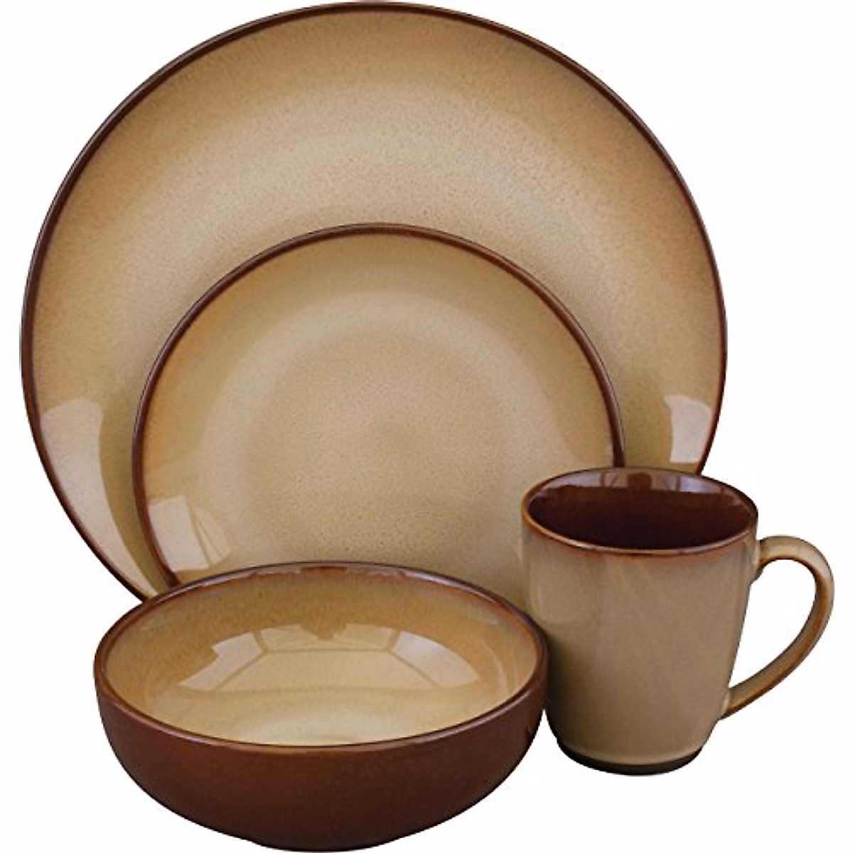 Sango Nova 16-Piece Ceramic Dinnerware Set with Round Plates, Bowls, and Mugs, Brown