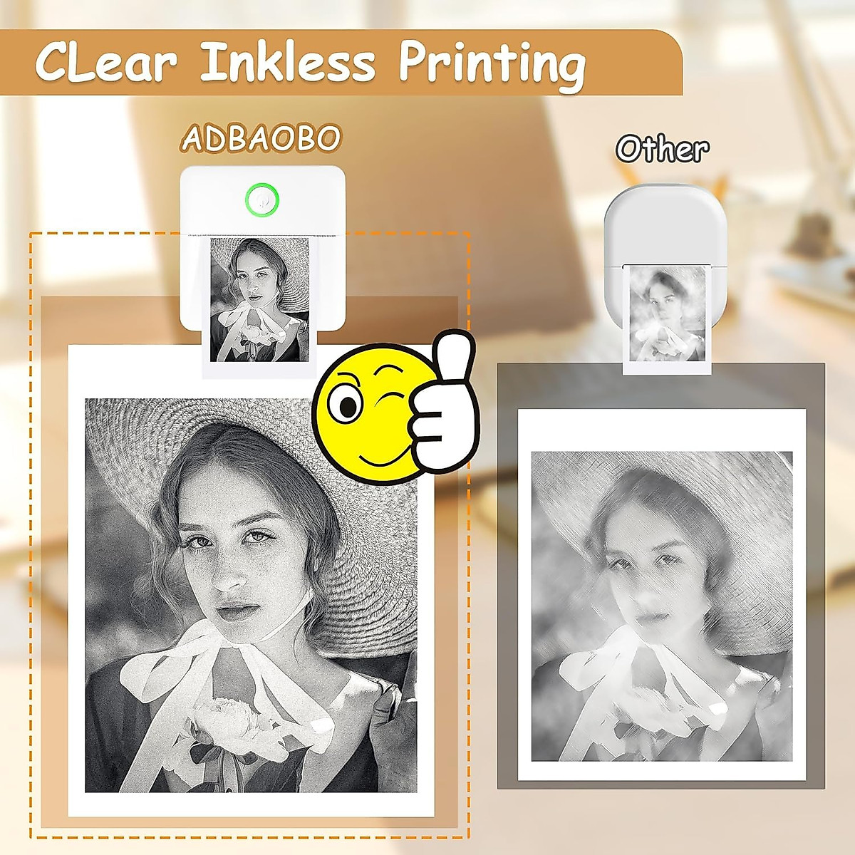 ADBAOBO Mini Sticker Printer, Portable Bluetooth Photo Printer, Pocket Thermal Printer for Study Notes, Scrapbook Supplies, Journals, Receipts, Compatible with Phone & Tablet, 1 Roll Paper, White