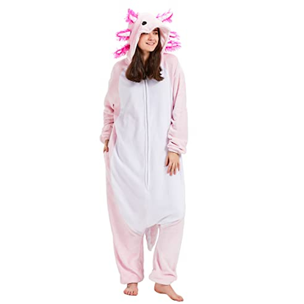 DELEY Unisex Adult Axolotl Onesie Pajamas, Flannel Animal One Piece Costume Sleepwear Halloween Cosplay Homewear