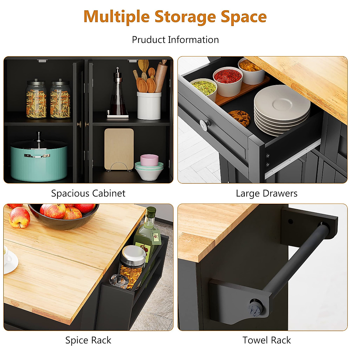 Squireewo Kitchen Cart with Rubber Wood Top Breakfast Bar, Rolling Mobile Kitchen Island Table on Wheels with Drawer and Storage Cabinet, Spice Rack, Towel Rack, Black