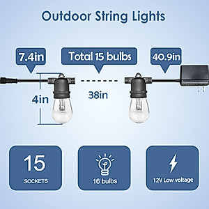 GANA Patio Lights, LED Outdoor String Lights 48FT, 2200K 12V Safe Voltage, 15 LED Shatterproof S14 Model Bulbs, IP65 Waterproof Commercial Grade Patio Lights, Decorative for Garden or Patio
