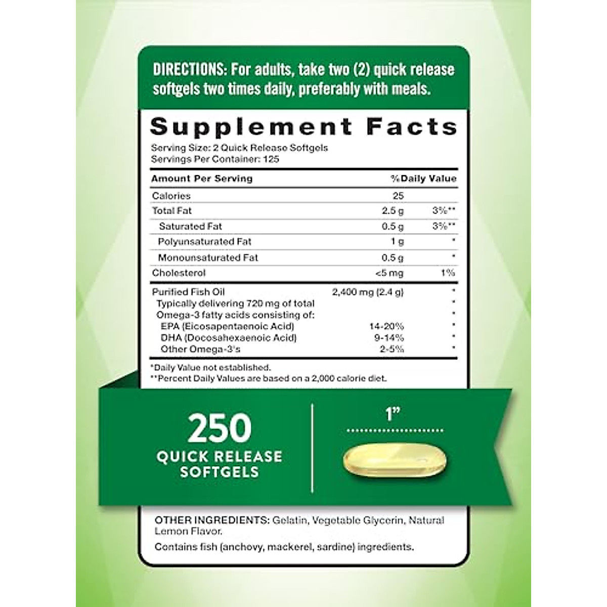 Nature's Truth Burpless Fish Oil 2400mg | 250 Softgels | 720 mg Omega 3 | Natural Lemon Flavor Pills | Non-GMO & Gluten Free Supplement