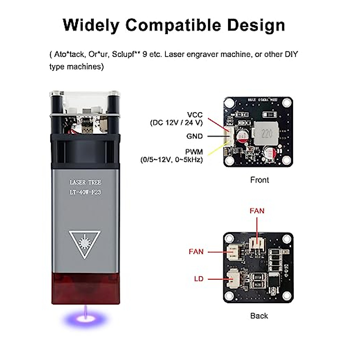 LASER TREE 40W(5W Output Optical Power) Laser Engraving Module, 450nm Laser Head for CNC Laser Engraver/Laser Cutter Machine, DIY Laser Engraving Tool Suitable for Wood Metal Acrylic Paper Etc