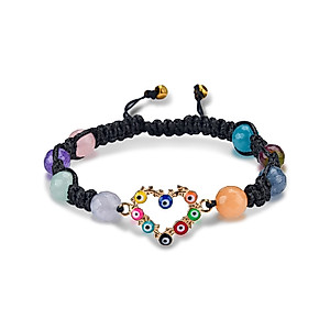KESOCORAY Evil Eye Hamsa Weave Beaded Bracelet Crystal Quartz Bead Adjustable Bracelet Hand of Fatima Turkish Evil Eye Bracelet for Lucky Protection Blessing(Heart Multicolor)