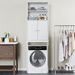 Shintenchi Over The Toilet Storage Cabinet, Bathroom Above The Toilet Rack, Bathroom Adjustable Shelf Organizer with Open Bottom Bar and Anti-Tip Device, White