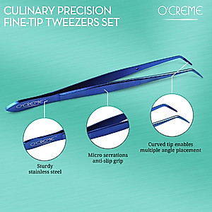O'Creme Curved Tweezers 6.25 Inch Fine-Point Stainless Steel, Blue