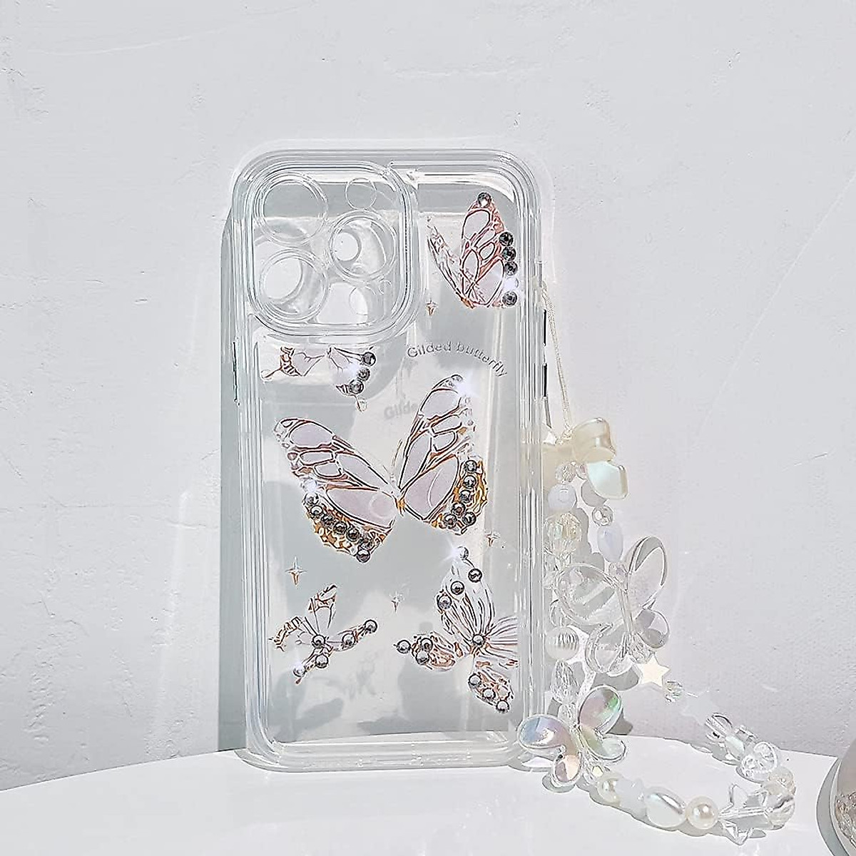 Casechics Compatible with iPhone Case,Luxury Crystal Clear Cute Bling Butterfly Wristband Strap Bracelet Chain Transparent Soft Shockproof Cover Phone Case (White,iPhone 15 Plus)
