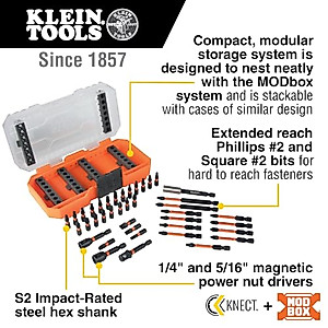 Klein Tools 33801 Impact Driver Bit Set with Magnetic Nut Drivers, ProFlex S2 Steel Phillips, Slotted, Square, TORX Bits with Case, MODBox Compatible, 40-Piece
