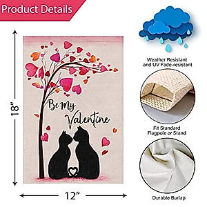 Happy Valentine's Day Garden Flag 12x18 Double Sided Vertical, Burlap Small Be My Valentines Black Cat Couple Heart Yard Flag Banner Sign for Wedding Valentines House Outdoor Decoration (ONLY FLAG)