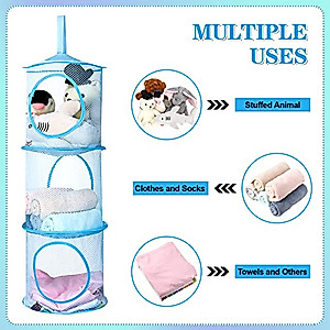 Fuyamp 2Pcs 75 * 26cm Stuffed Animal Storage Mesh Foldable Stuffed Animals Organizer Net or Hammock, 3 Compartments Hanging Mesh Toy Storage Basket for Kids Girls Boys Room Bathroom (Blue)