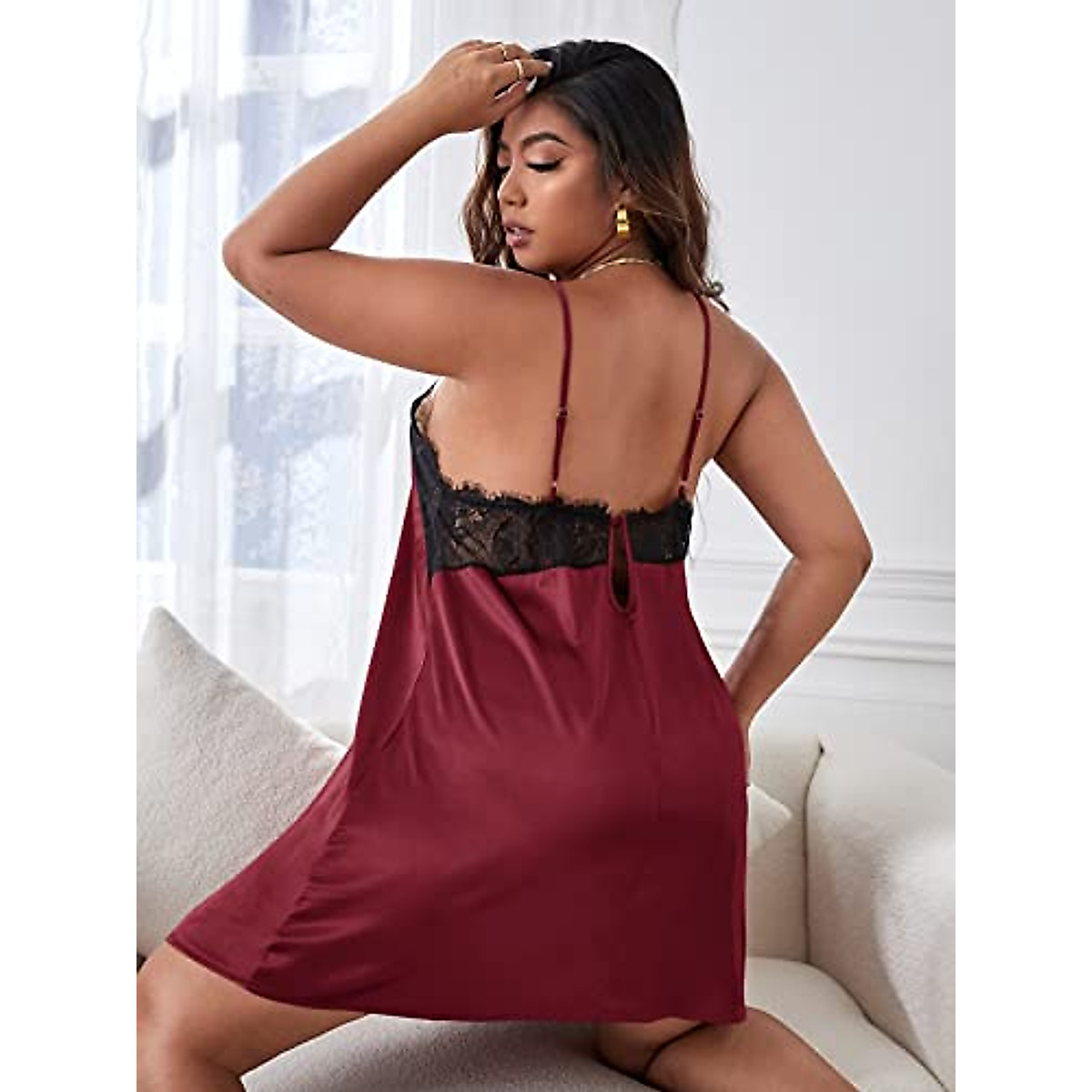 MakeMeChic Women's Plus Size Satin Slip Nightgown Lace Trim Silk Cami Night Dress Sleepwear Burgundy 5XL