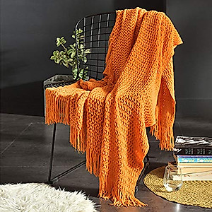 JUDYBRIDAL Knitted Throw Blanket Couch Cover Blanket Textured Solid Decorative Blanket with Tassel for Sofa Bed Travel,50 x 60, Orange