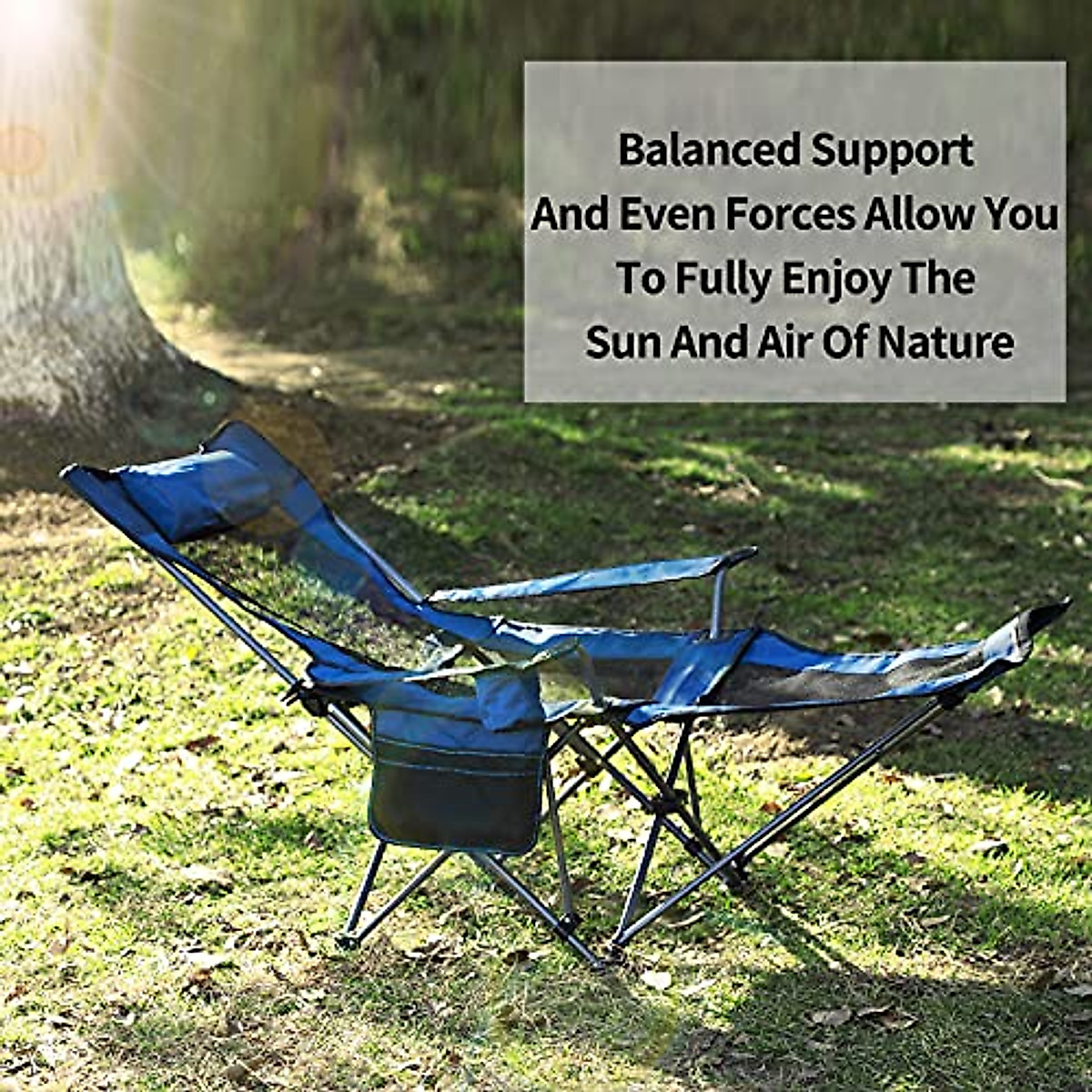 NURTUDIS Camping Lounge Chair, Portable Camping Chair with Footrest, Folding Reclining Camping Chair,Storage Bag & Headrest, Mesh Recliner, 330lbs Weight Capacity (Blue)