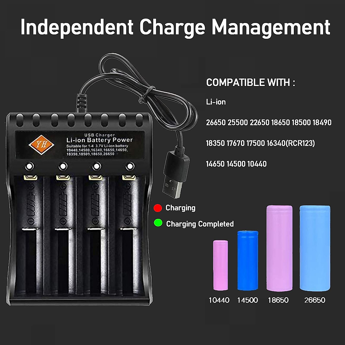 18650 Battery Charger 4 Bay Universal USB Smart Charger for 3.7V Rechargeable Lithium Li-ion Batteries Compatible 18650 26650 21700 10400 14500 16340 16650 18500 Battery Charger