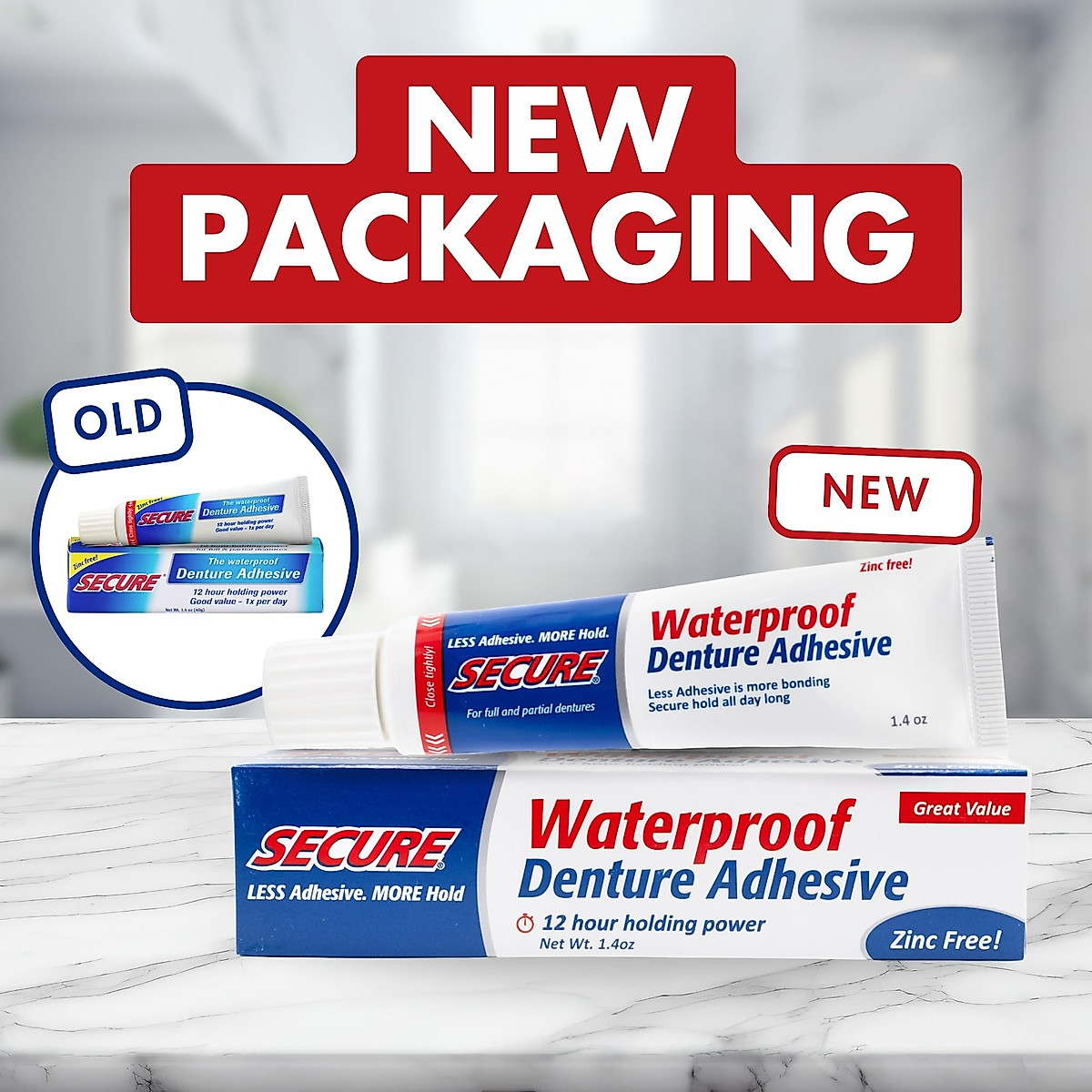 Secure Waterproof Denture Adhesive - Zinc Free - Extra Strong Hold For Upper, Lower or Partials - 1.4 oz