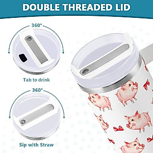 Bseiialft 40 oz Tumbler with Handle Cute Pig Bows Water Bottle with Lid and Straw Vacuum Insulated Cup Stainless Steel Travel Coffee Mug for Home Office Car