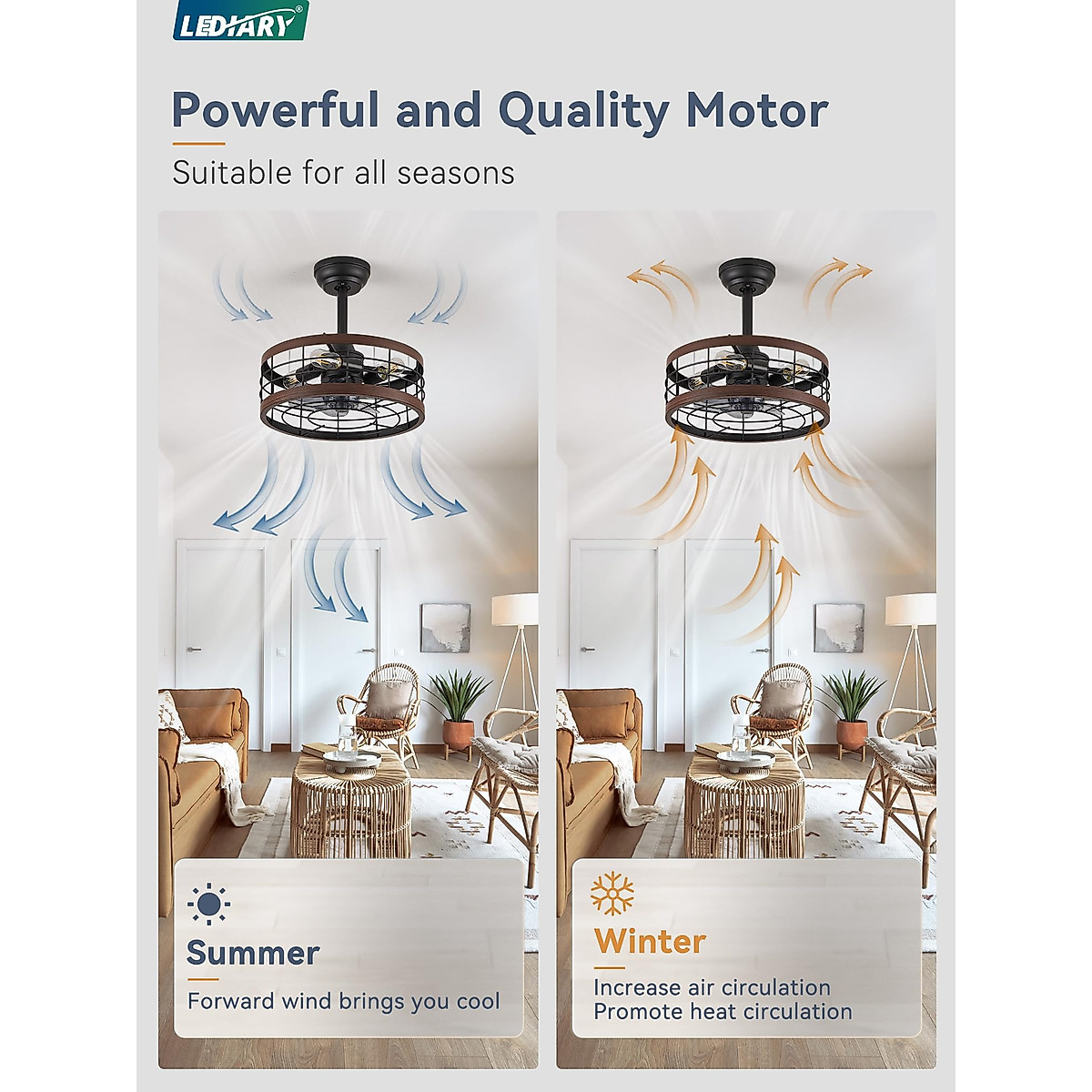 LEDIARY 16.5in Caged Ceiling Fan with Light, Bladeless Industrial Ceiling Fan with Remote, Rustic Metal Fan Lights Ceiling Fixtures for Kitchen, Farmhouse, Bedroom（6 Speed,1/2/4/8h Timing）-Walnut