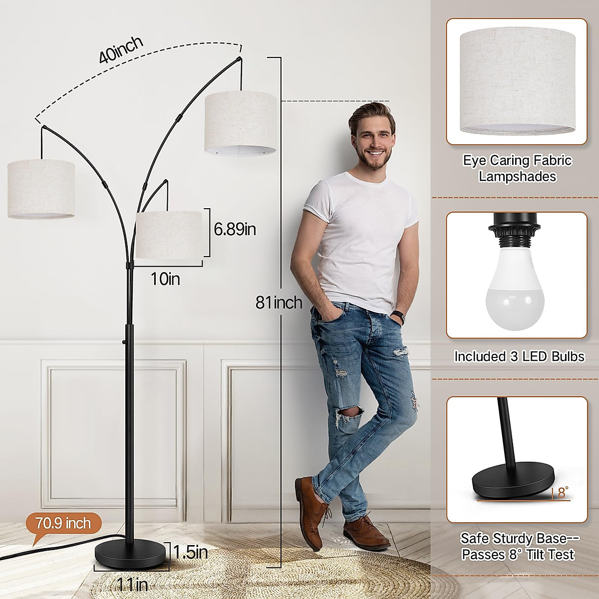 OUTON Arc Led Floor Lamp, Modern Black 3 Light Arched Tall Floor Lamp for Bedroom, 2400lm Mid Century Adjustable Standing Corner Lamps with Hanging Shade for Office Living Room, 3 Led Bulbs Included