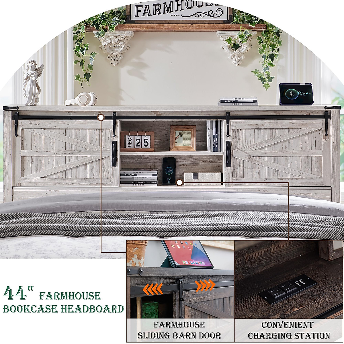 RedLemon Farmhouse Queen Size Bed Frame with Bookcase Headboard, Sliding Barn Door, Storage Cabinet, Charging Station, Wood Slats Support, No Box Spring Needed, Antique Brush White