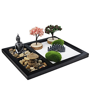 Japanese Zen Garden Desk with Rake, Stand, White Sand Artificial Bonsai Tree, Rock and Mini Buddha Statue. Meditation Zen Gift Kit, Home Desk Accessories-Meditation Gift