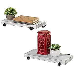 MyGift 16-Inch Rustic White Wood Wall-Mounted Floating Shelves with Black Metal Pipe Brackets, Urban Industrial Wall Hanging Storage and Display Shelf, Set of 2
