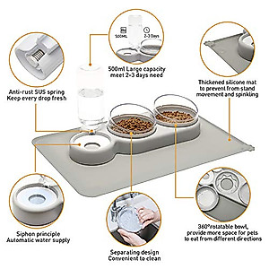 YEACHA Raised Cat Bowls, Tilt Cat Dog Food Water Elevated Bowls Set with Automatic Water Bottle, with Silicon Waterproof Mat, for Cats Small Dogs, Grey