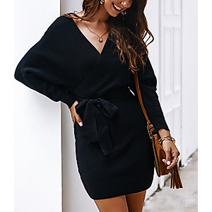 Mansy Women's Sexy Cocktail Batwing Long Sleeve Backless Mock Wrap Knit Sweater Mini Dress (L, Black)