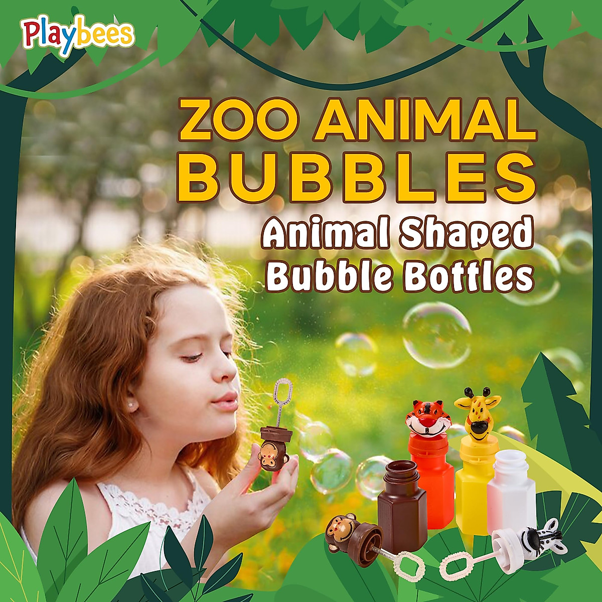 Playbees Zoo Animal Bubbles - 24 Pack - Safari Party Favors, Bulk Mini Wand Bottles - Jungle Zoo Characters for Kids