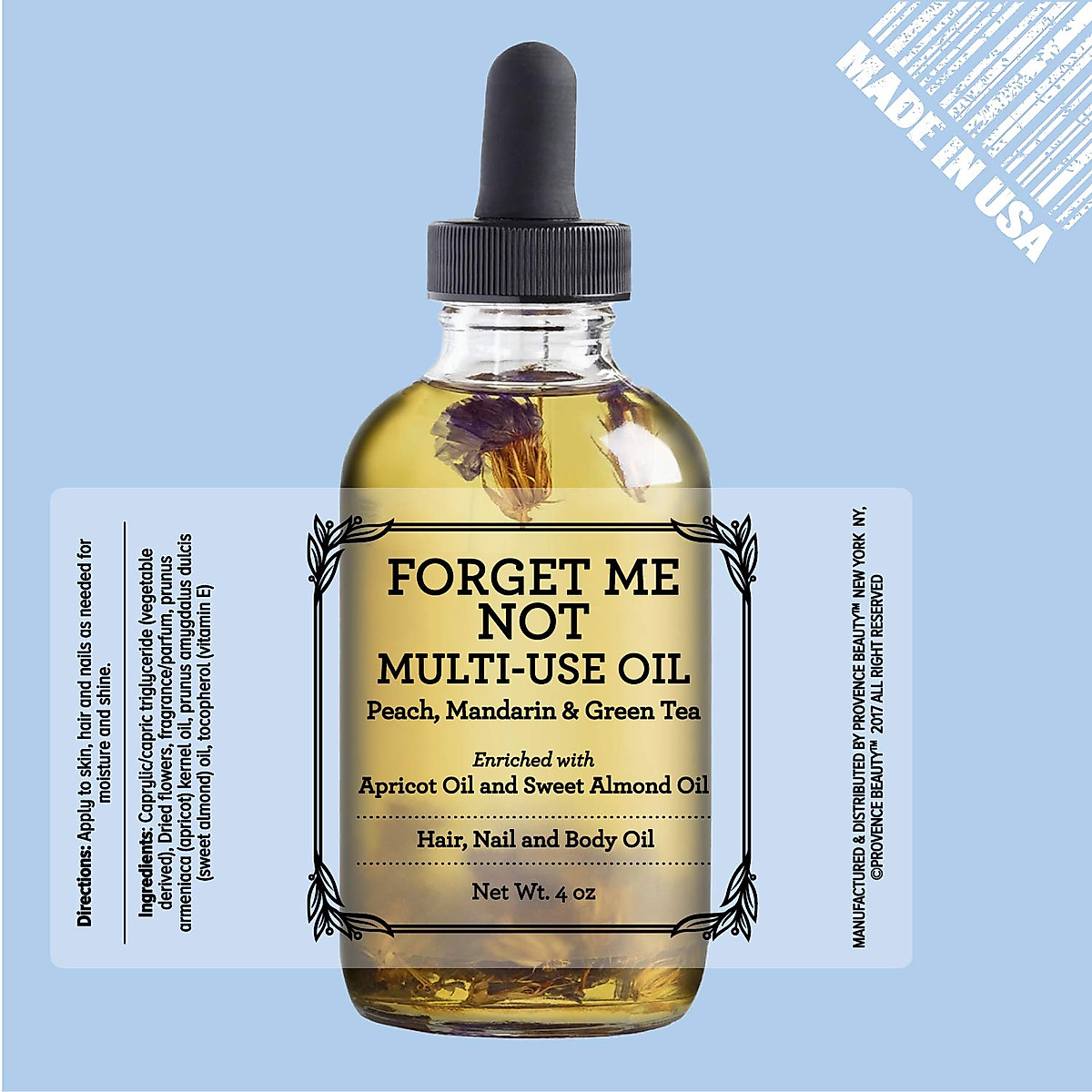Multi-Use Oil for Face, Body and Hair - Forget Me Not - Organic Blend of Apricot, Vitamin E and Sweet Almond Oil Moisturizer for Dry Skin, Scalp and Nails - Peach, Mandarin and Green Tea - 4 Fl Oz