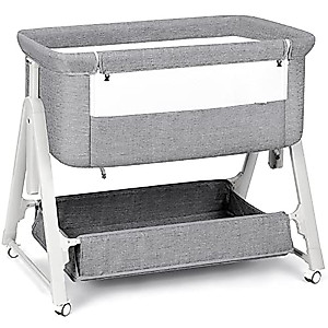 Cowiewie Baby Bassinets,Bedside Sleeper for Baby/Infants with Storage Basket, Easy to Assemble Bassinet for Newborn/Infant, Adjustable Bedside Crib,Safe Portable Baby Bed,Travel Bag Included(Grey)