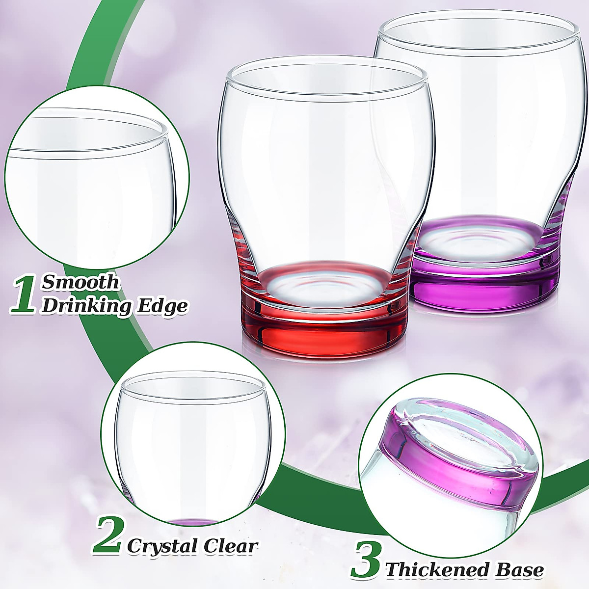 Set of 12 Colorful Drinking Glasses 11 oz Colored Glass Cups with Heavy Weighted Base Multi Colored Cocktail Glasses Stemless Wine Glass Tumbler for Beer Water Whiskey Iced Coffee Juice Smoothie