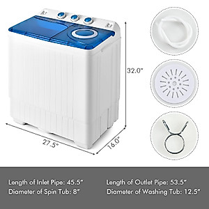 COSTWAY Portable Washing Machine, Twin Tub 26lbs Capacity Laundry Washer, 18lbs Washer and 8lbs Spinner Combo with Timer Knobs, Built-in Drain Pump, Compact Washer for Home Dorm Apartment, Blue+White