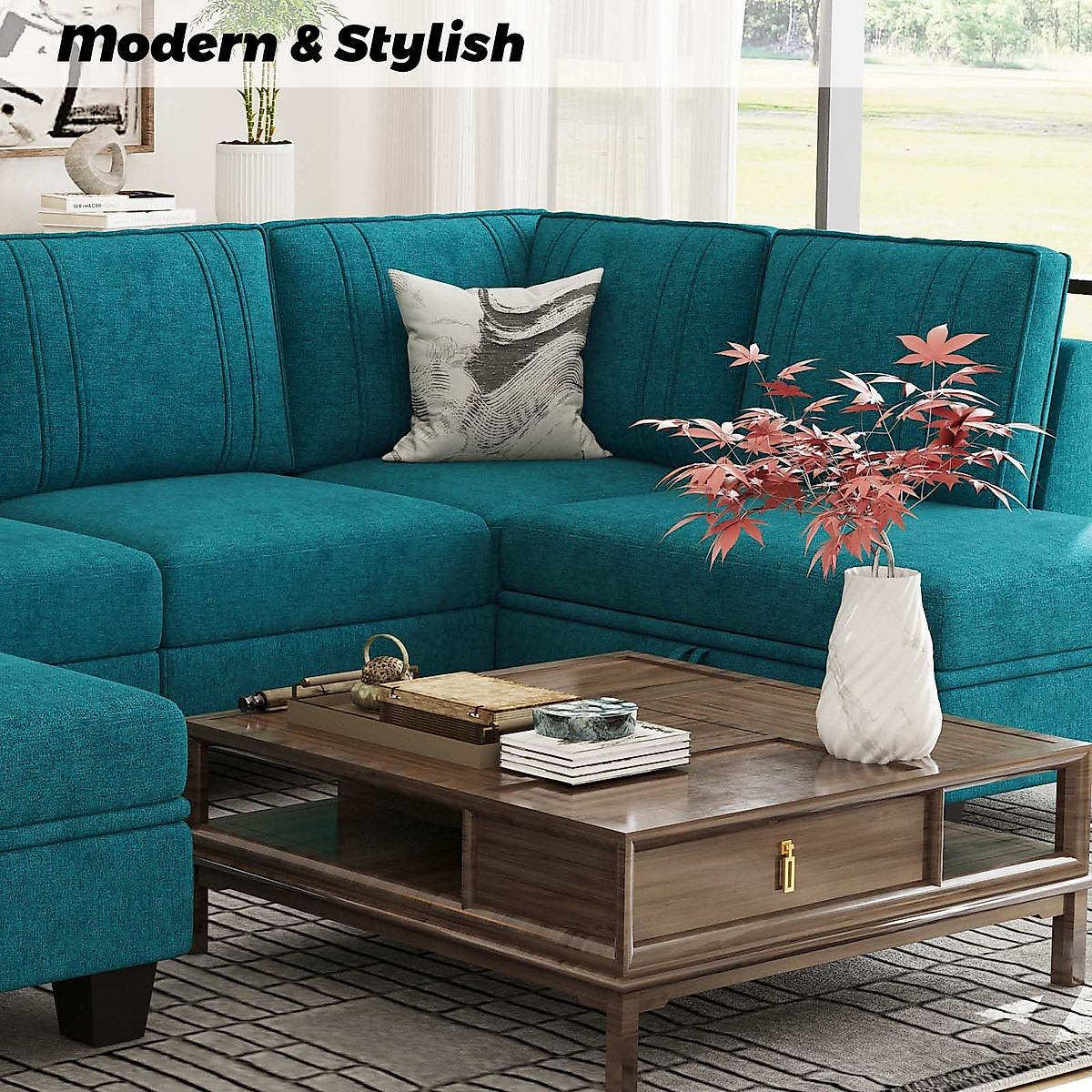 Belffin 4 Seater Sectional Sofa with Reversible Chaise, L Shaped Sofa Sectional Couch with Convertible Storage Ottoman Peacock Blue