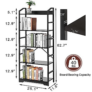 Vagusicc Industrial Display Standing Bookshelf, 5-Tier Tall Bookcase Wood Book Shelf, Modern Book Shelf Storage Organizer Steel Frame, Multipurpose Bookshelf for Living Room/Bedroom/Kitchen/Bathroom