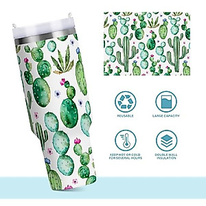 MCHIVER Cactus Succulent Floral 30 oz Tumbler with Handle and Straw Stainless Steel Vacuum Water Bottle Leak-proof Travel Coffee Mug Insulated Tumbler for Home Car Office