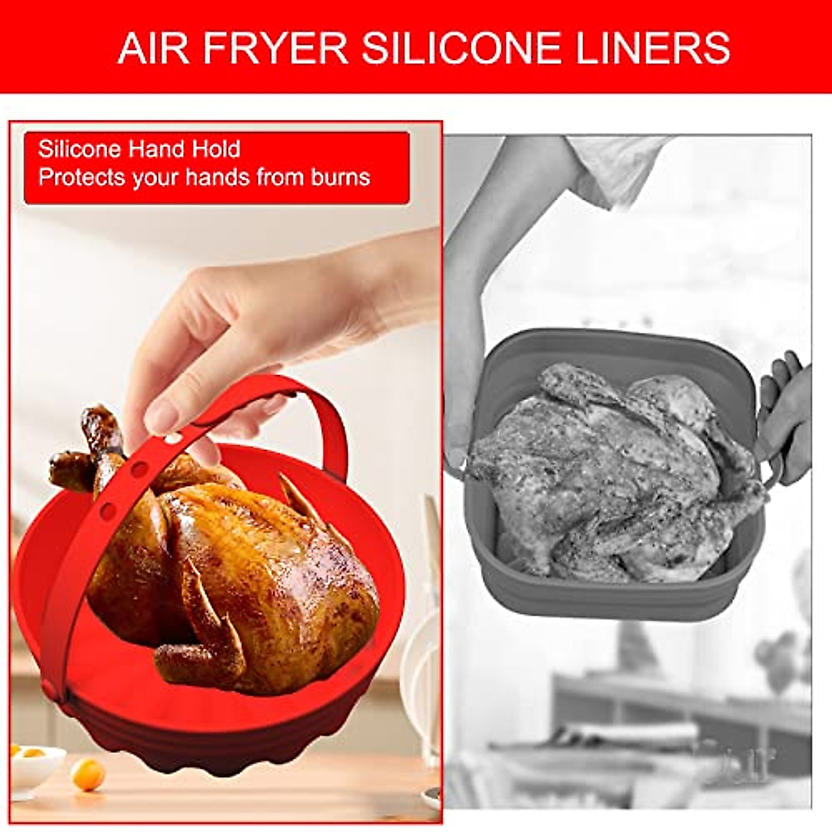 2 Pack Air Fryer Silicone Liners Pot, Reusable Replacement of Flammable Parchment Paper, 8 Inch Non Stick Silicone Bowl for 3 to 5 QT, Foldable Baking Basket for Cooker Accessories,(Round, Blue & Red)